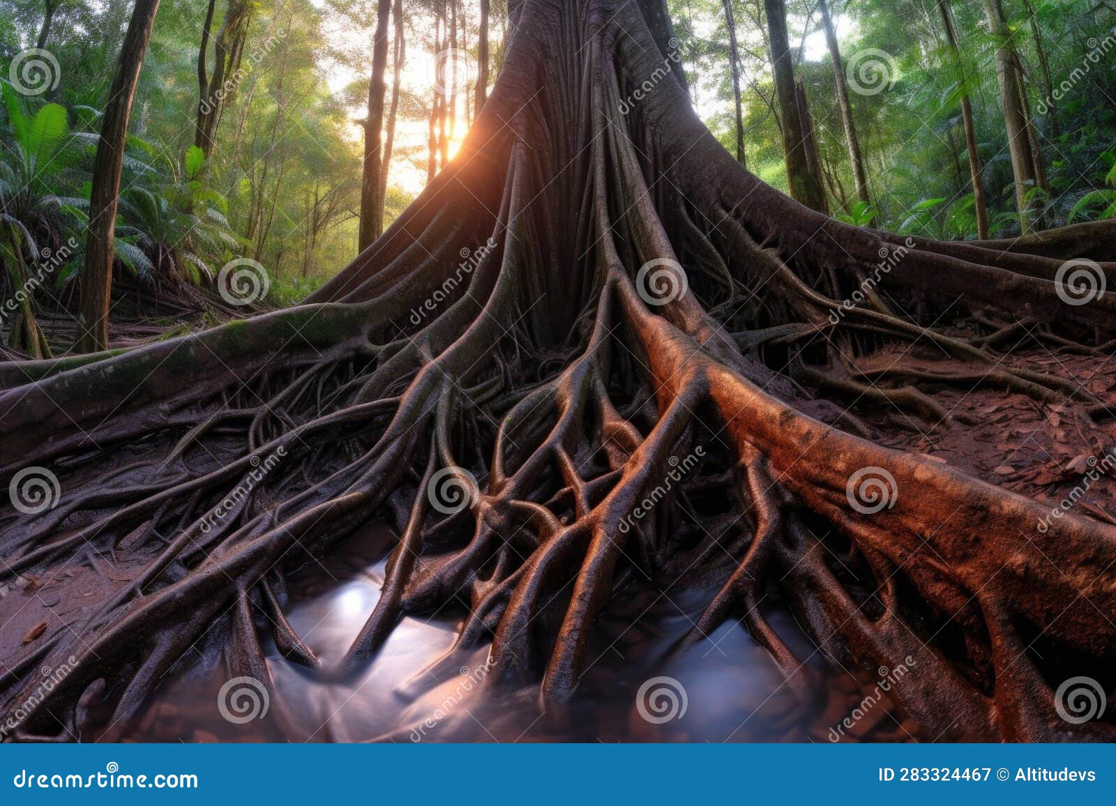Wide-angle View of Rainforest Tree Roots at Dawn Stock Illustration ...
