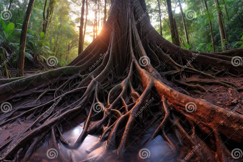 Wide-angle View of Rainforest Tree Roots at Dawn Stock Illustration ...