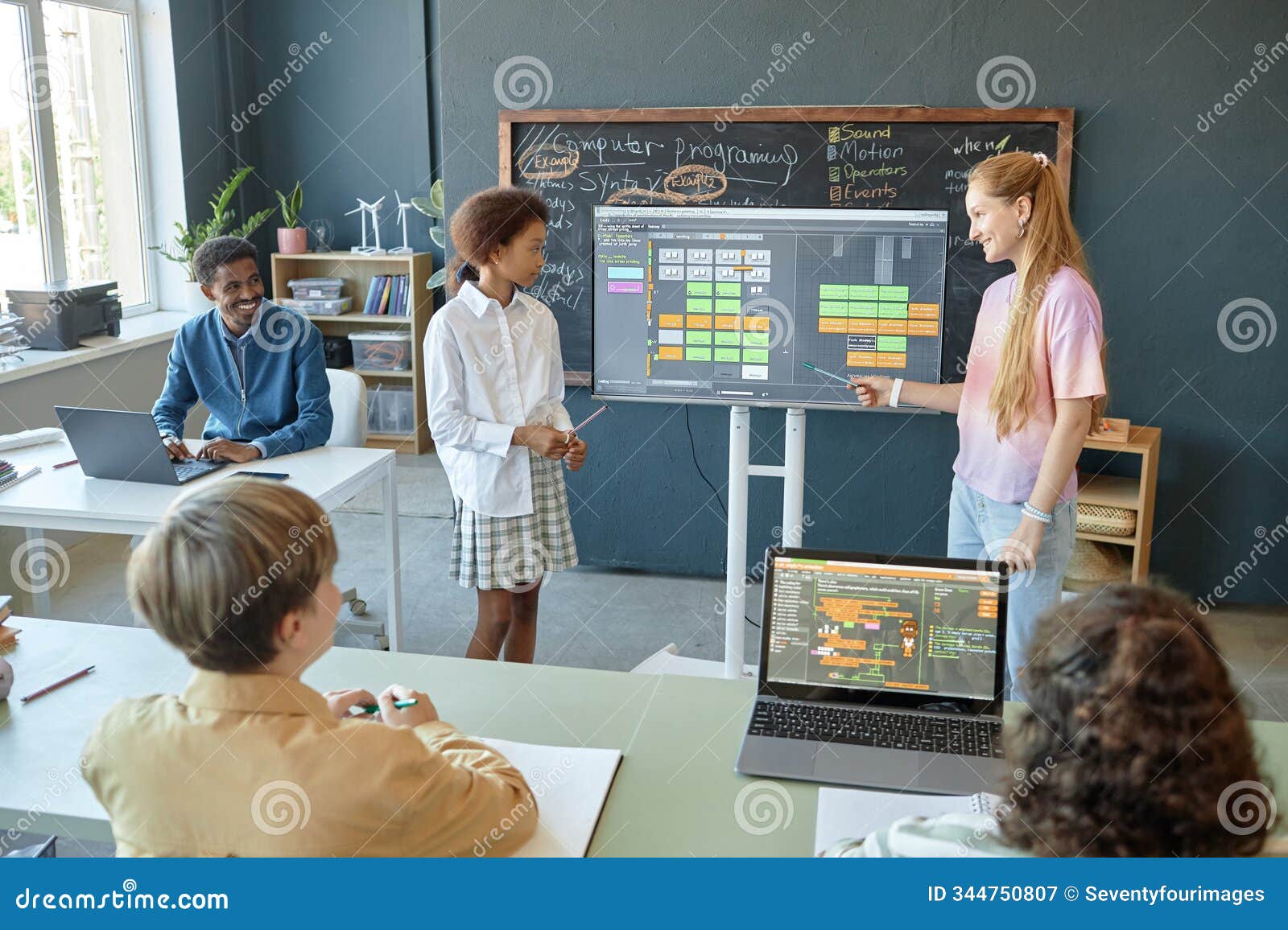 Wide Angle at Class with it Lesson in Progress Two Girls Giving ...