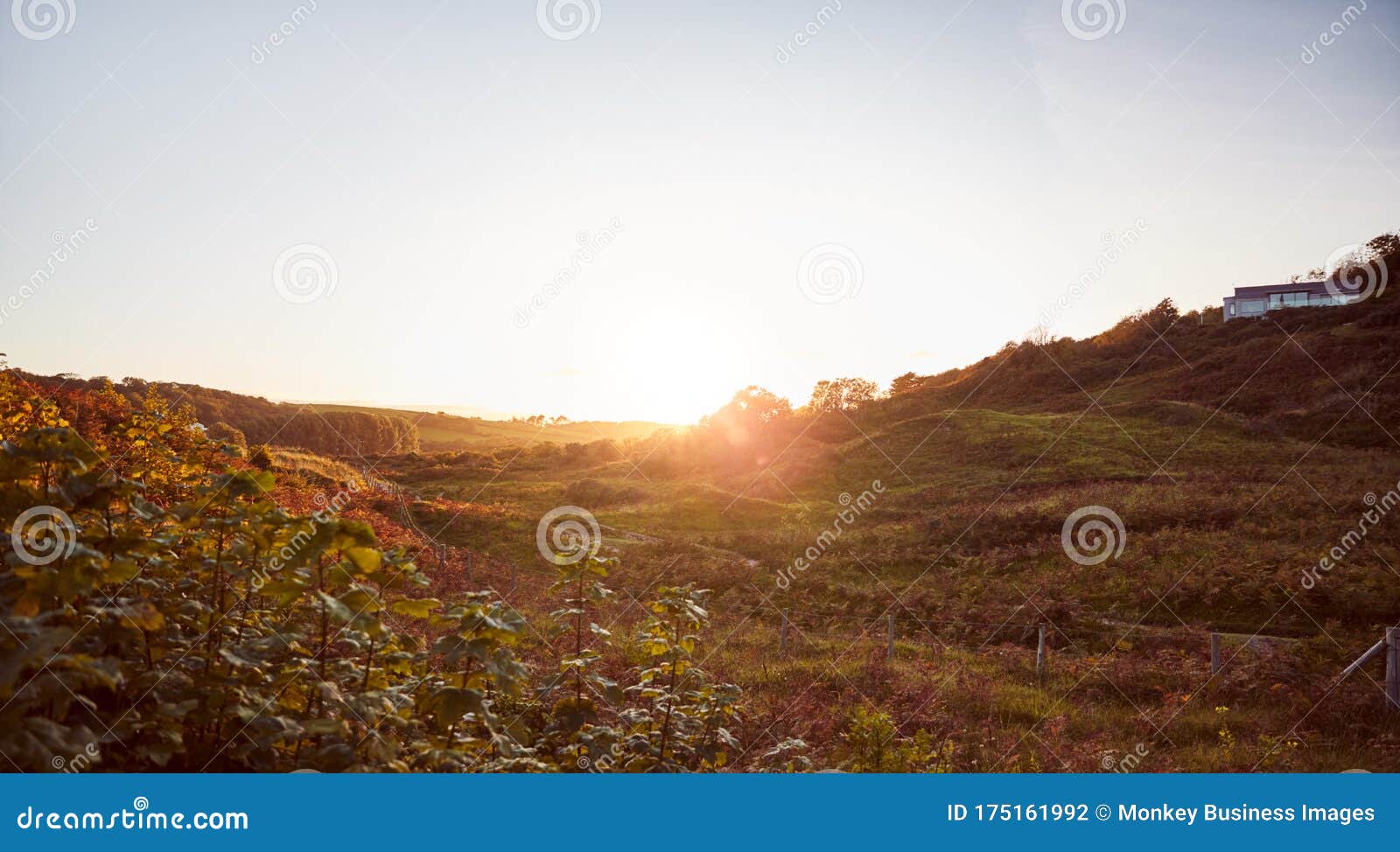 Wide Angle View of Sun Setting Over Autumn Countryside Landscape Stock ...
