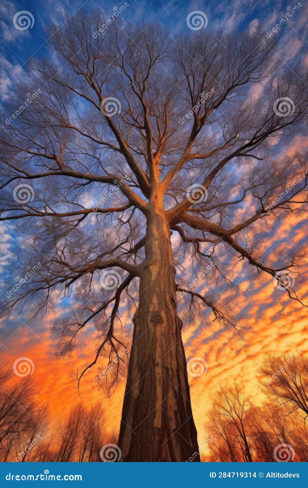 Wide Angle View of a Towering Tree with a Vibrant Sky Stock ...