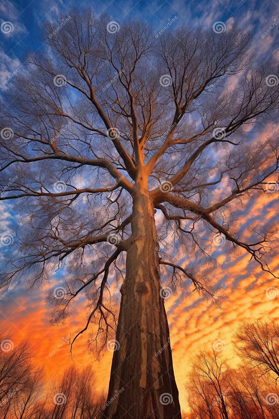 Wide Angle View of a Towering Tree with a Vibrant Sky Stock ...