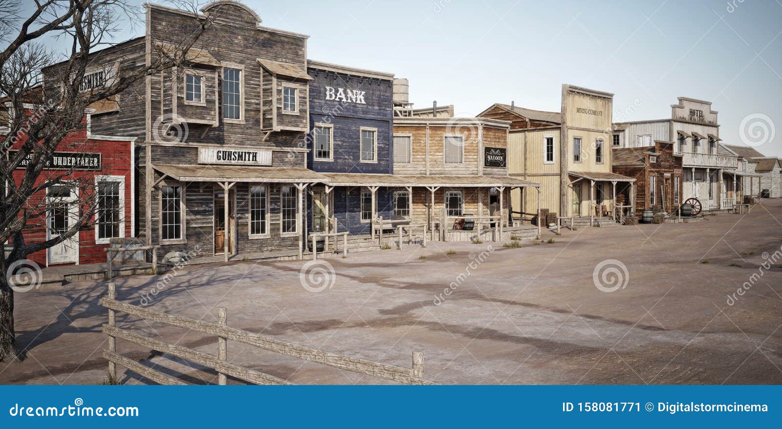 Wide Angled View of a Rustic Antique Western Town with Various ...