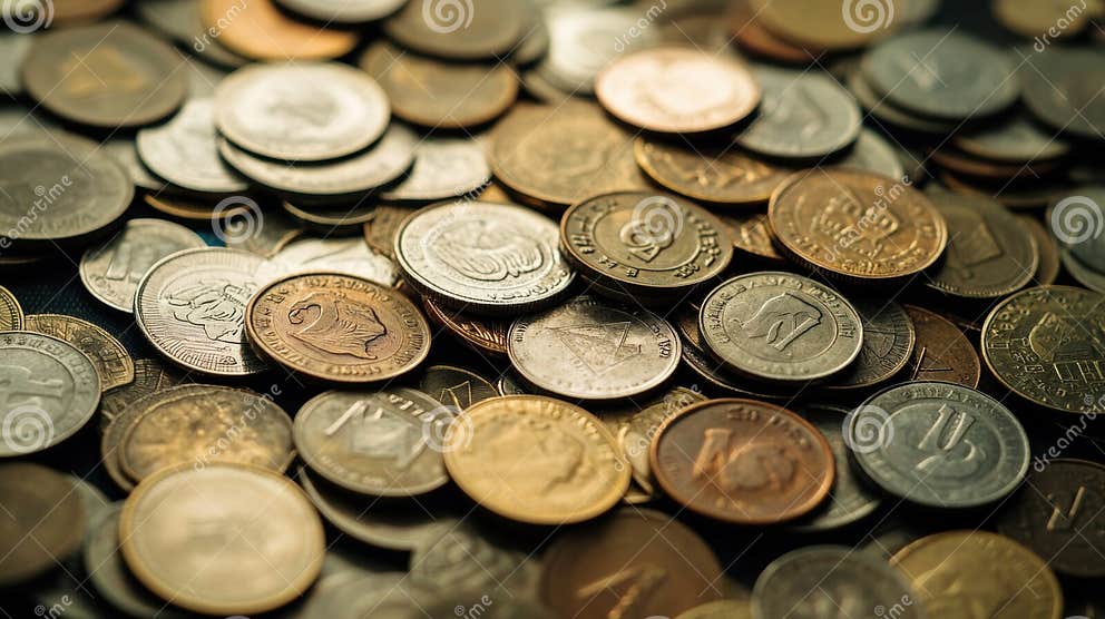 Wide Array of Various Coins Scattered Randomly on a Surface Stock ...