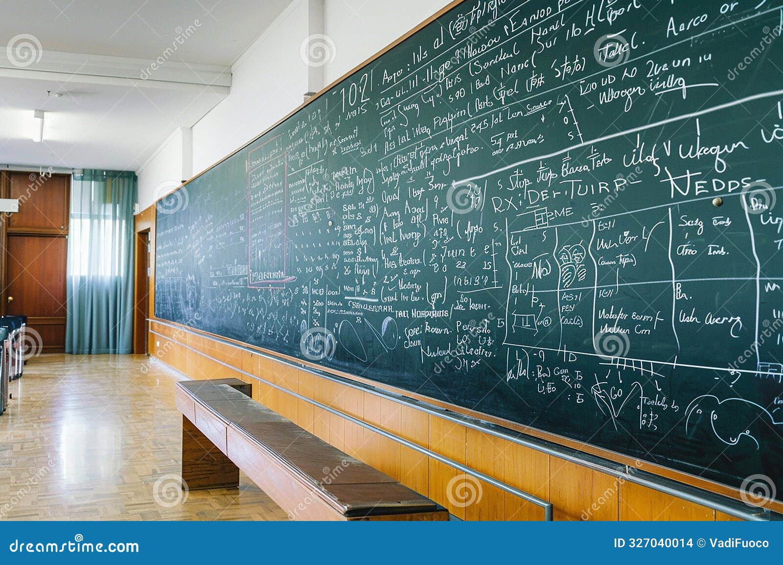 Wide Blackboard Inscribed with Scientific Formulas and Calculations in ...