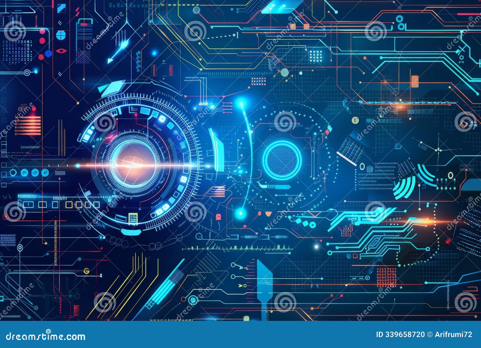 Wide Blue Background with Various Technological Elements. Hi-tech ...