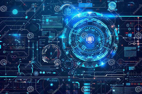 Wide Blue Background with Various Technological Elements. Hi-tech ...