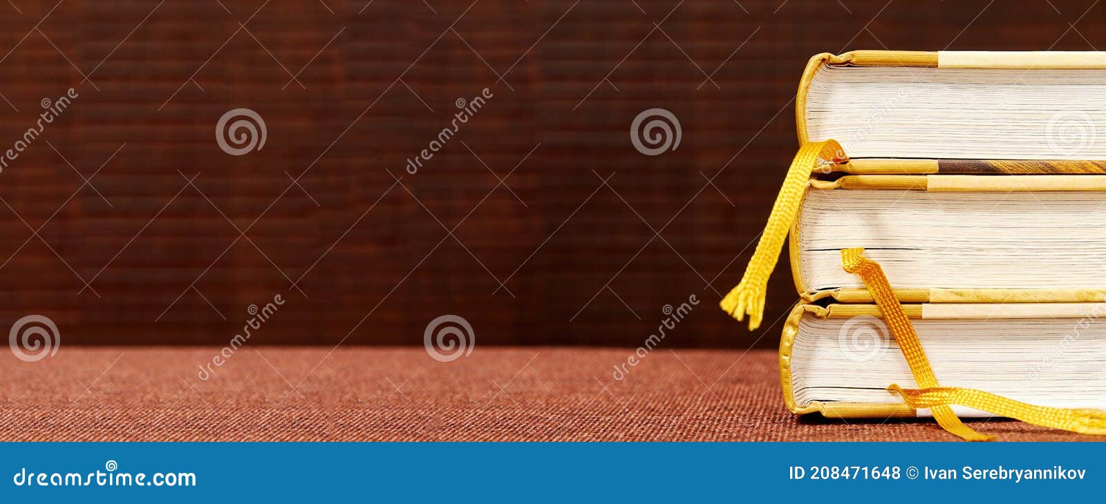 Wide Bookshelf Banner with a Stack of Books with Bookmarks Stock Photo ...