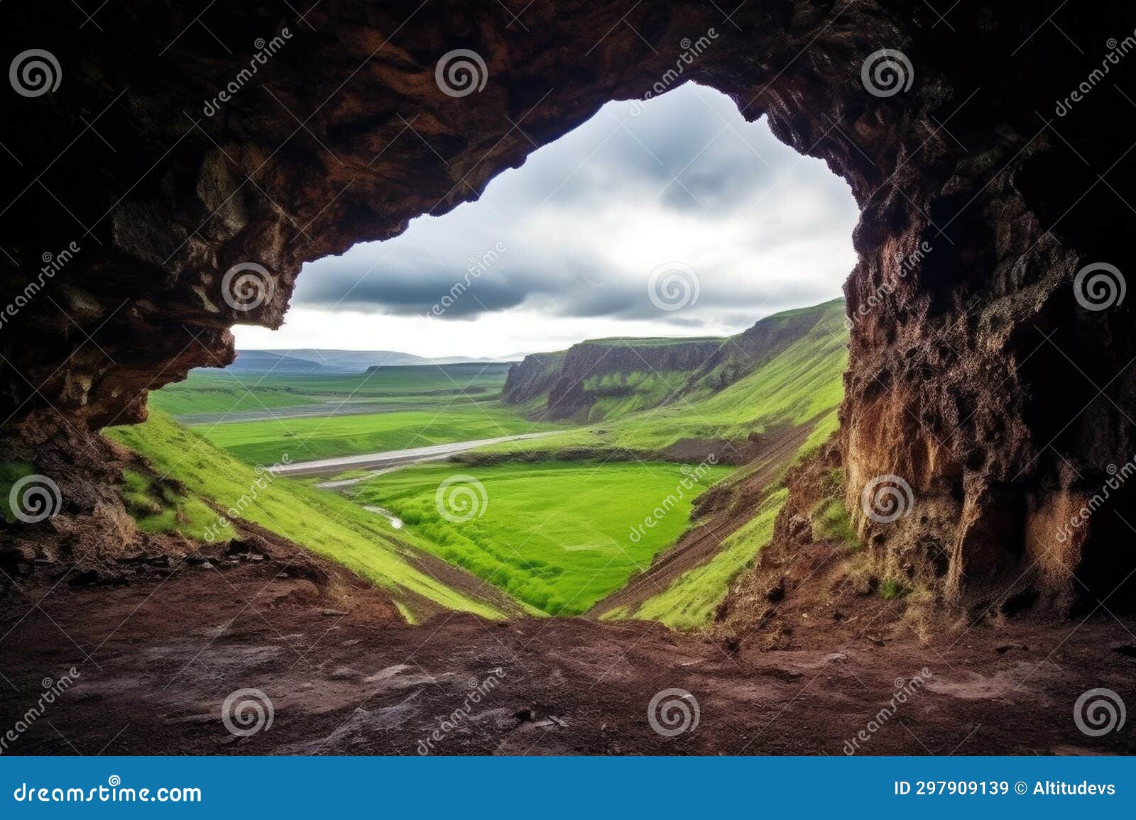 Wide Cave Opening Onto a Desolate Volcanic Landscape Stock Image ...