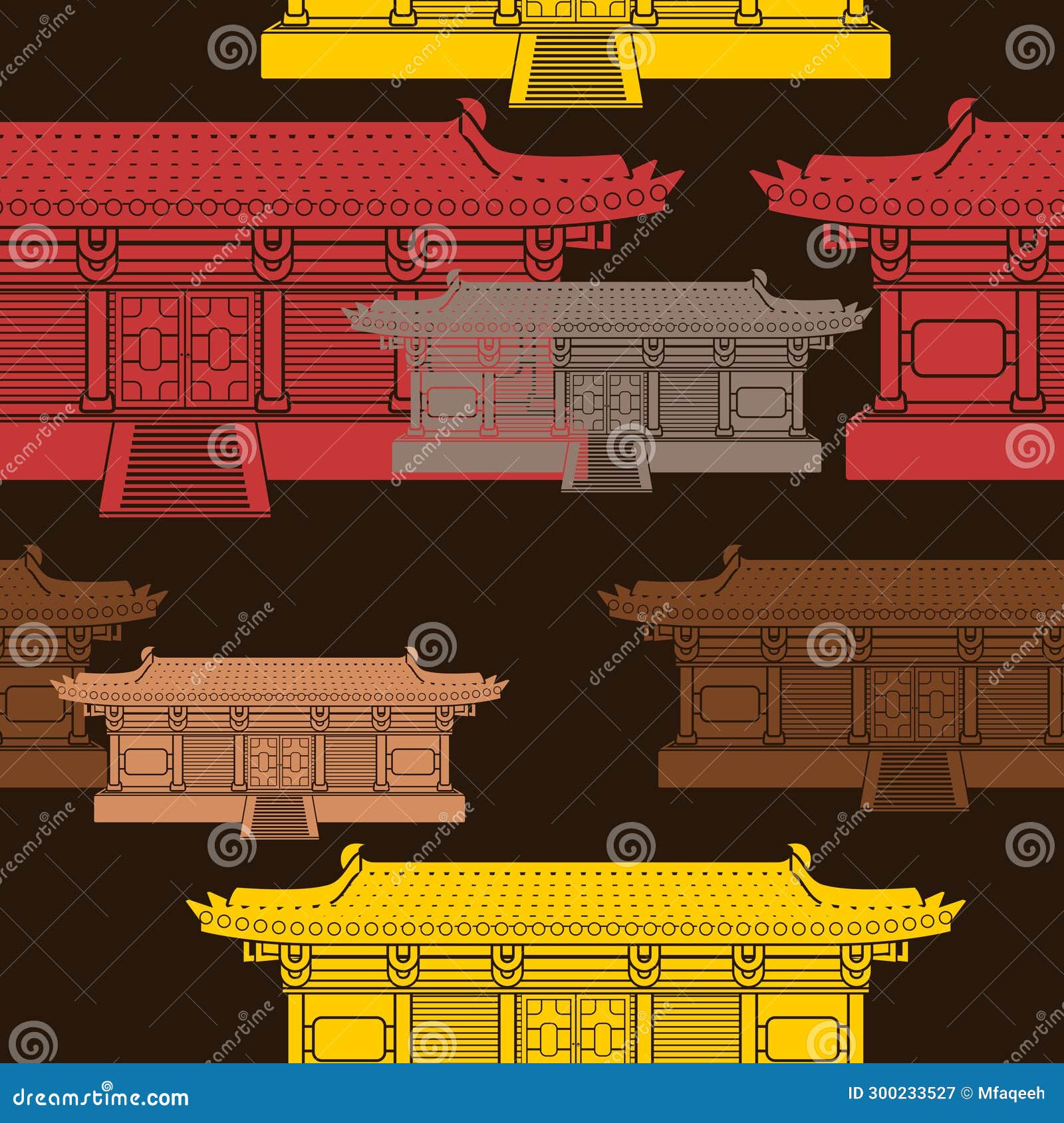 Wide Chinese Building Vector Illustration with Dark Background Seamless ...