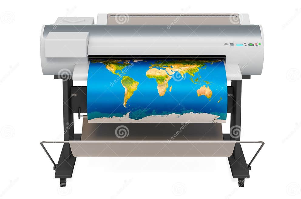 Wide Format Printer, Plotter with Map of World. 3D Rendering Stock ...