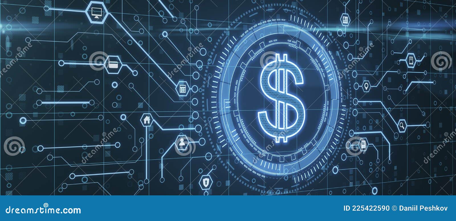 Wide Glowing Dollar Sign on Blue Background with Circuit. Currency and ... Wide Glowing Dollar Sign on Blue Background with Circuit. Currency and ...