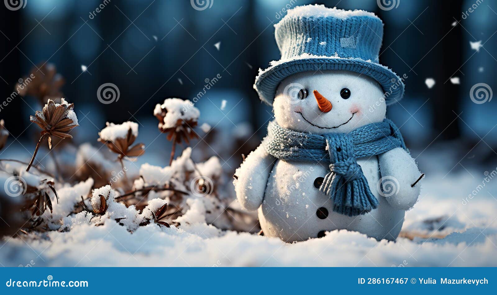 Wide Horizontal Composition of Single Blue Snowman on Winter Forest ...