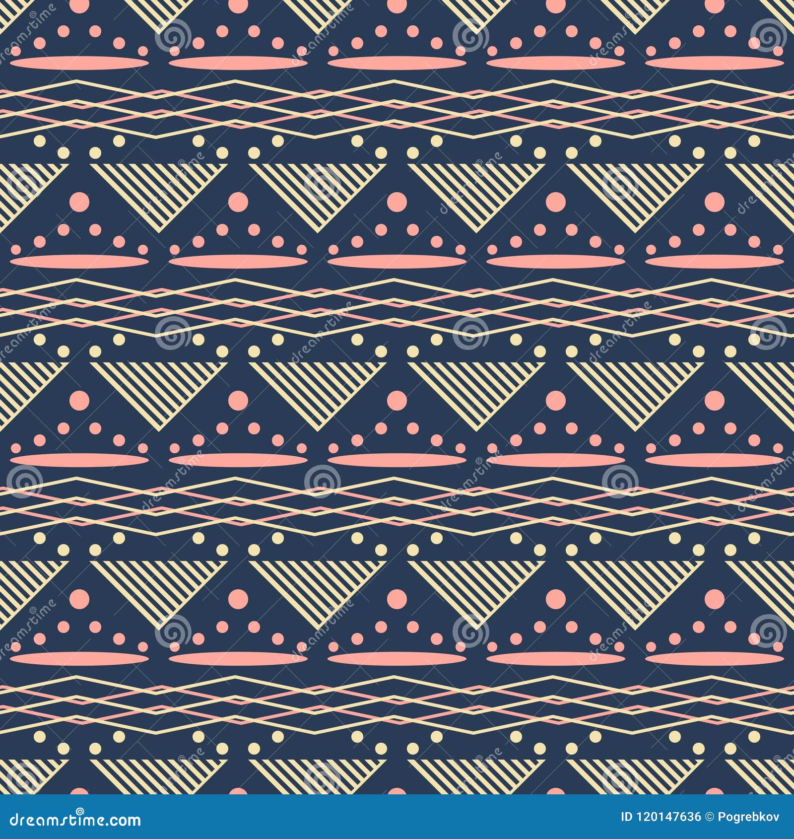 Wide Horizontal Stripes of Lined Triangles, Zigzag and Round Shapes ...