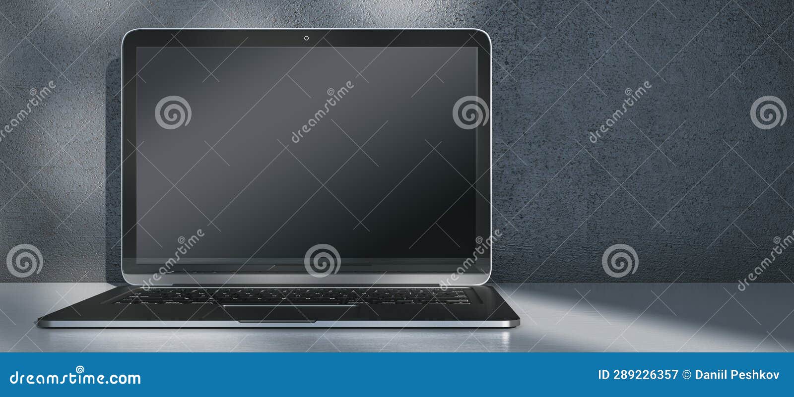 Wide Image Laptop Computer with Empty Mock Up Screen Placed on Desk ...