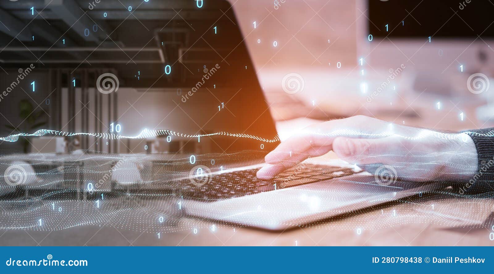 Wide Image of Male Hand Using Laptop Computer on Abstract Blurry Office ...