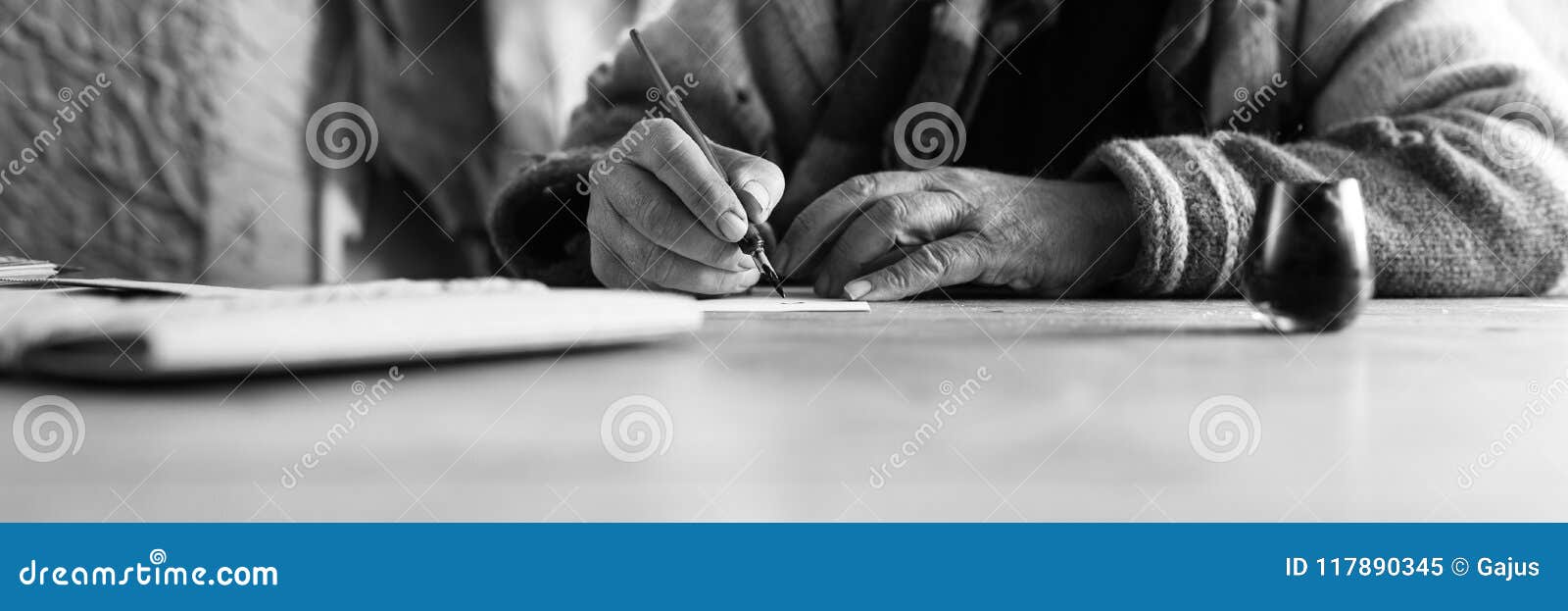 Wide Low Angle View of an Elderly Man Doing Calligraphy Writing Stock ...