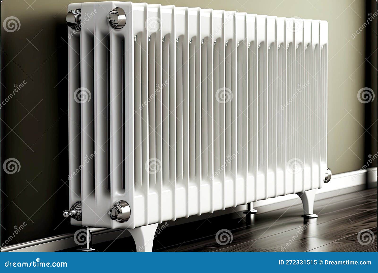 Wide Multi-section White Heating Radiator on Legs with Chrome Elements ...