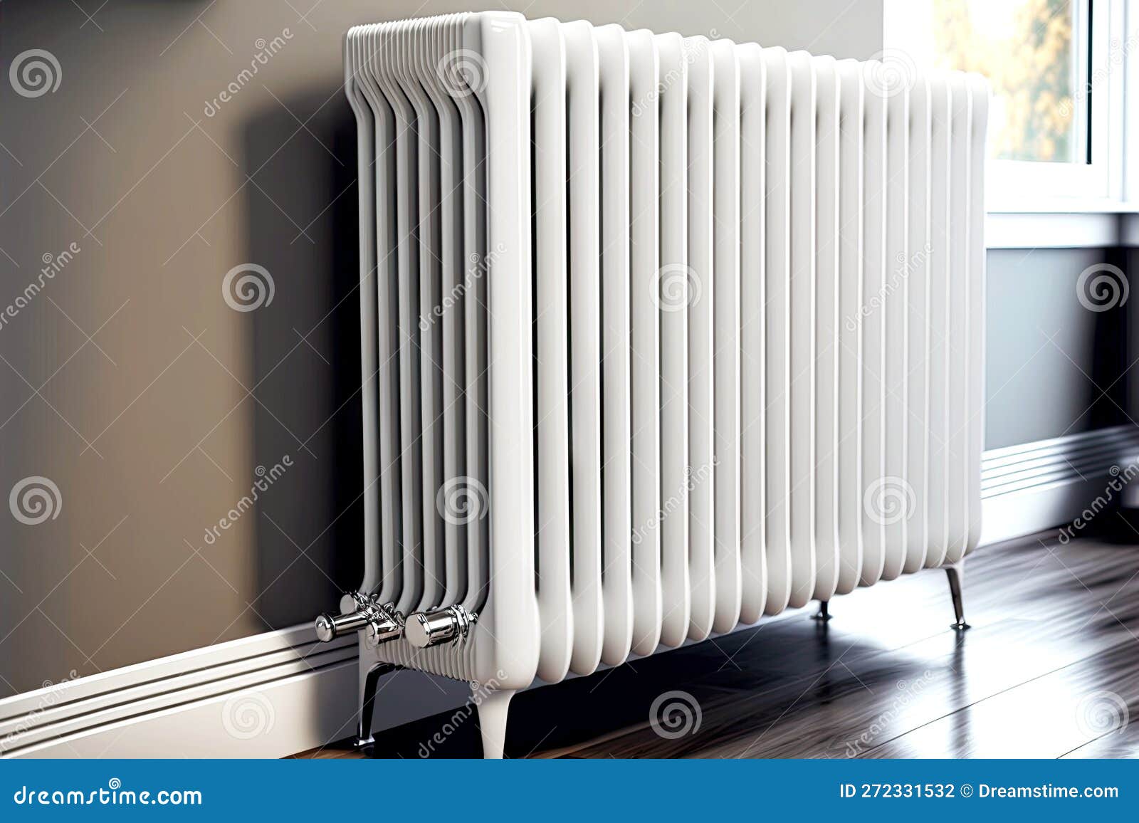 Wide Multi-section White Heating Radiator on Legs with Chrome Elements ...