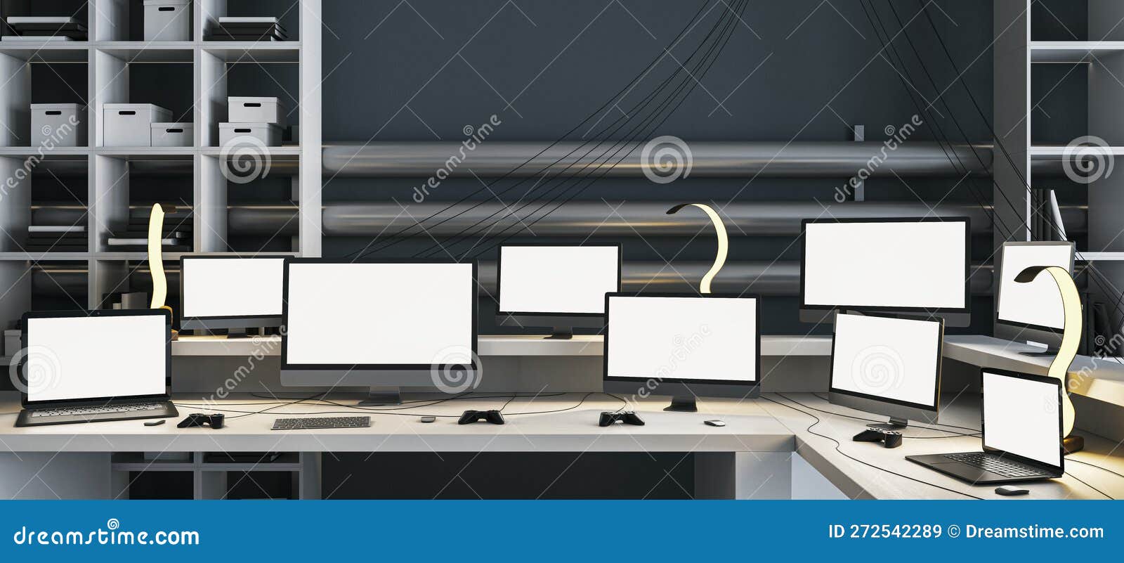 Wide Office Interior with Multiple Empty White Computer Monitors on ...