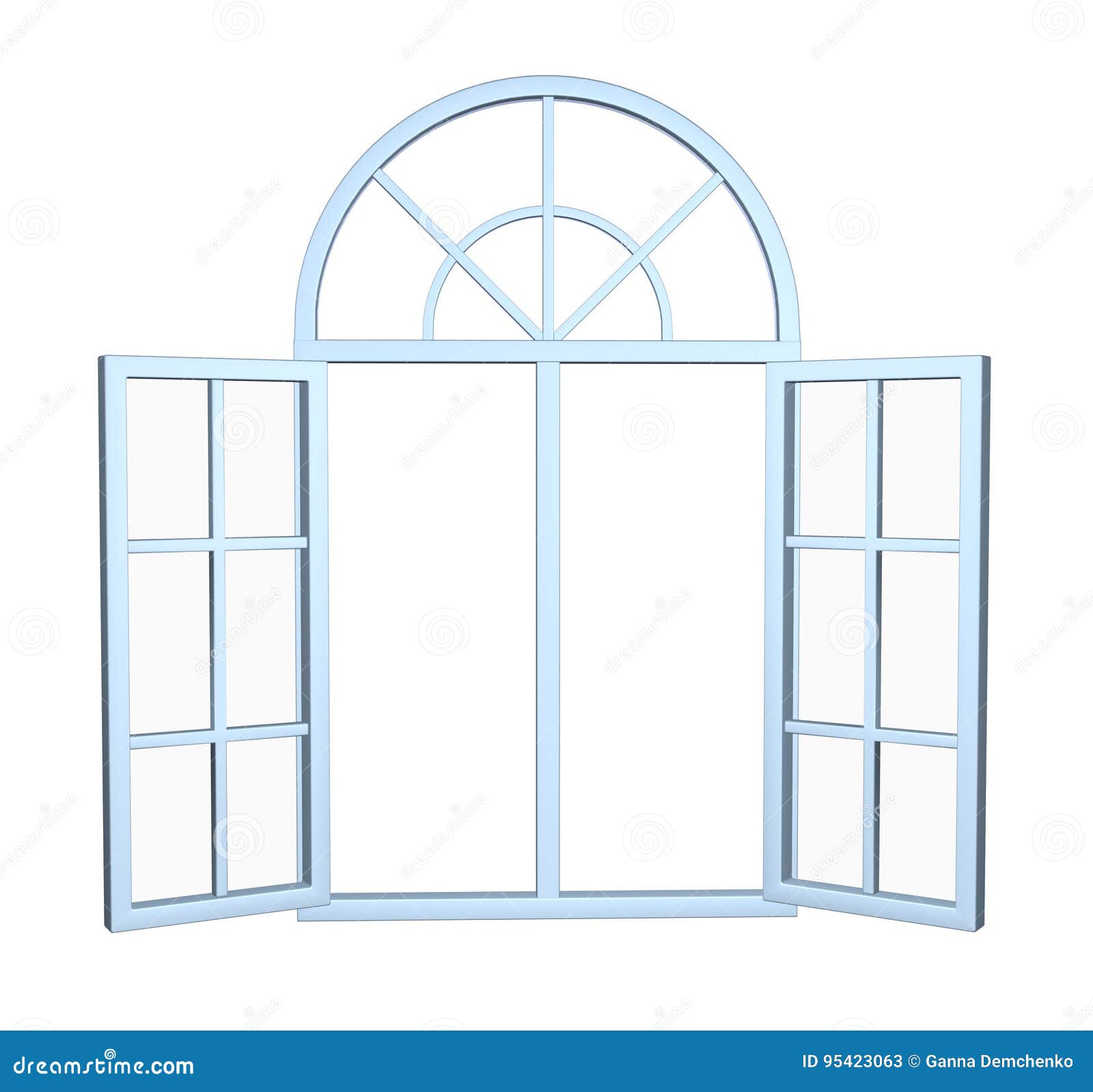 Wide Open Modern Arch Window. 3D Image Isolated on White Stock ...