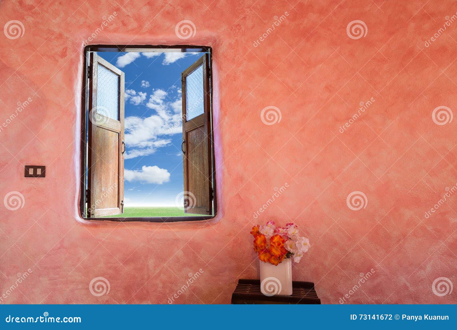 Wide Open Wooden Window with Scenery View Background. Stock Photo ...