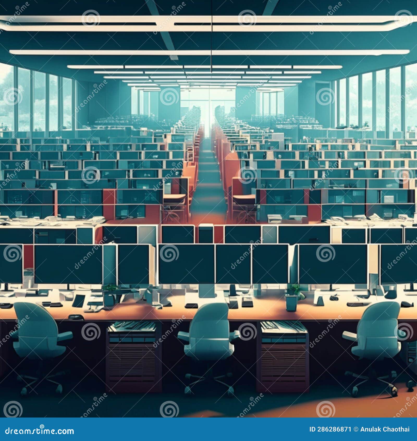 Wide Panoramic View of Empty Computer Room with No People 3d Rendering ...