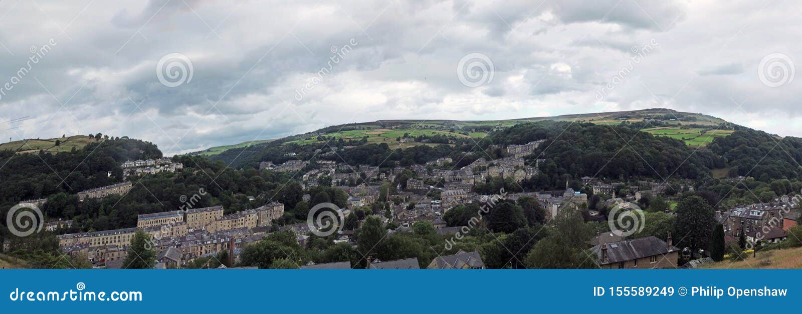 Wide Panoramic View of the Town of Hebden Bridge with Hillside Streets ...