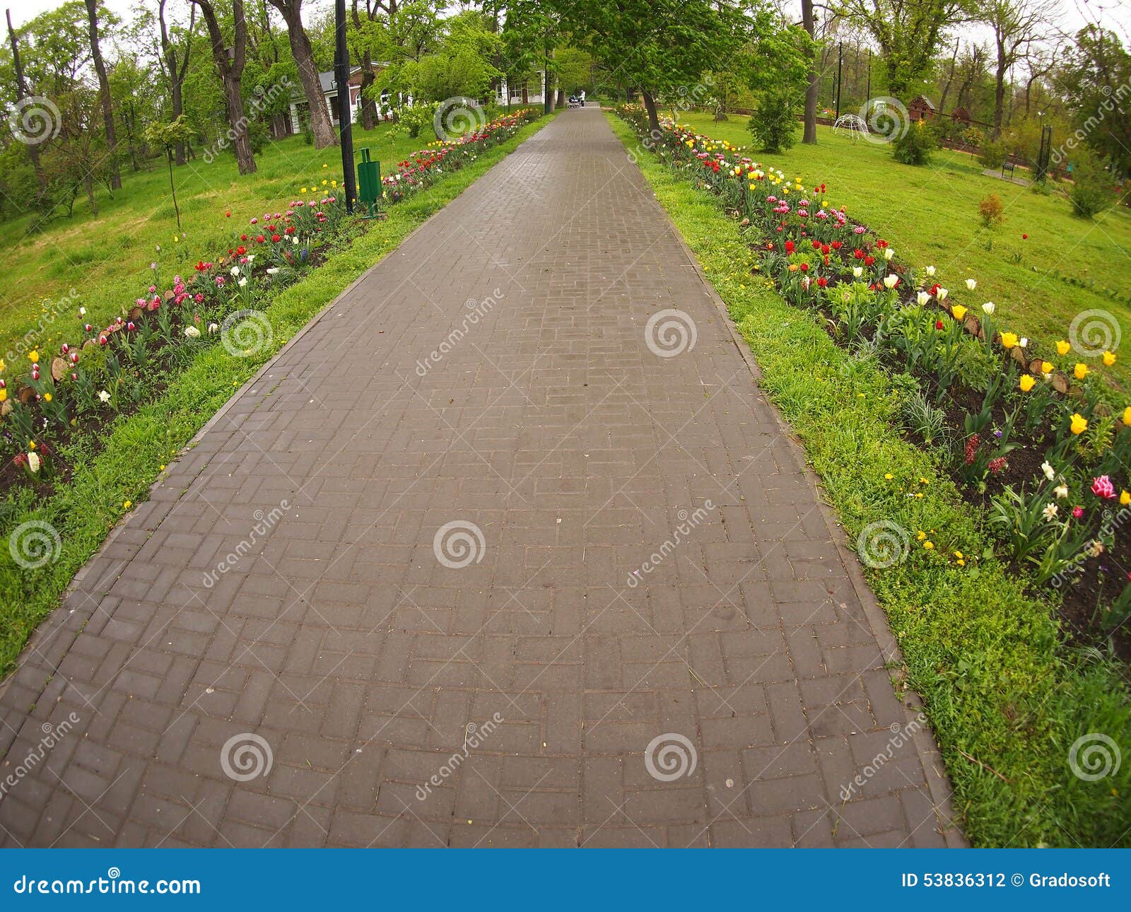 Wide Path Of Crushed Stone In Green Garden, Spring Park With Wooden ...