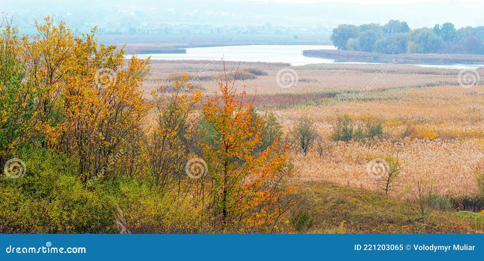 A Wide Plain with Trees and a River in the Distance in Autumn in Warm ...