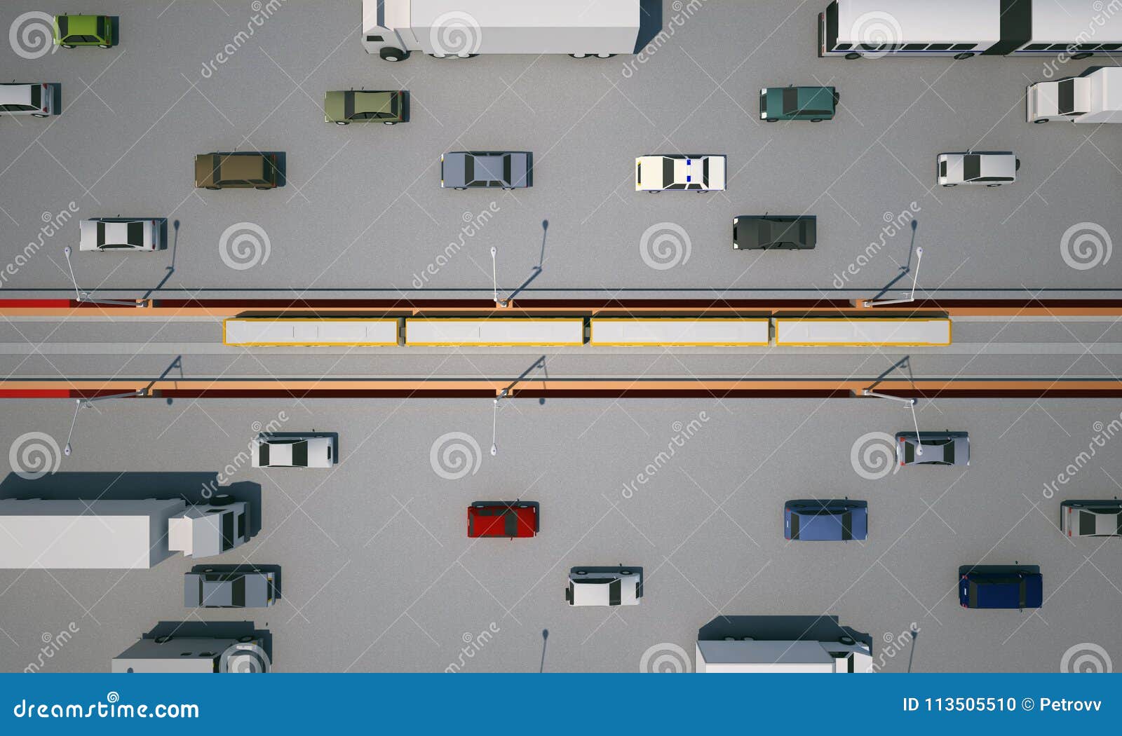Wide Road with Tramways Top View Stock Illustration - Illustration of ...