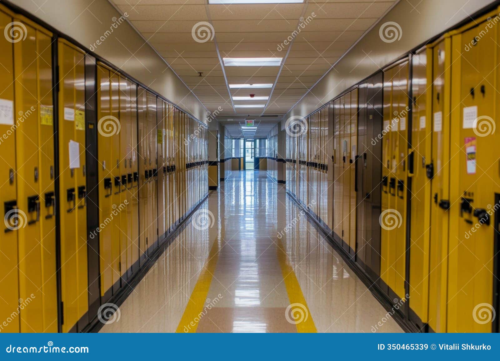A Wide School Hallway Features Bright Yellow Lockers Lining Both Sides ...