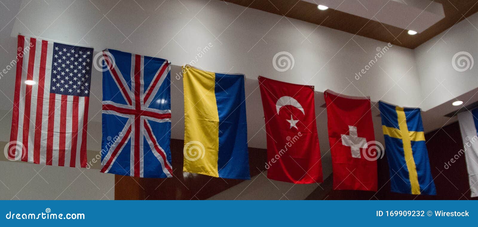 Wide Shot of Different Country Flags Hanging from the Ceiling Stock ...