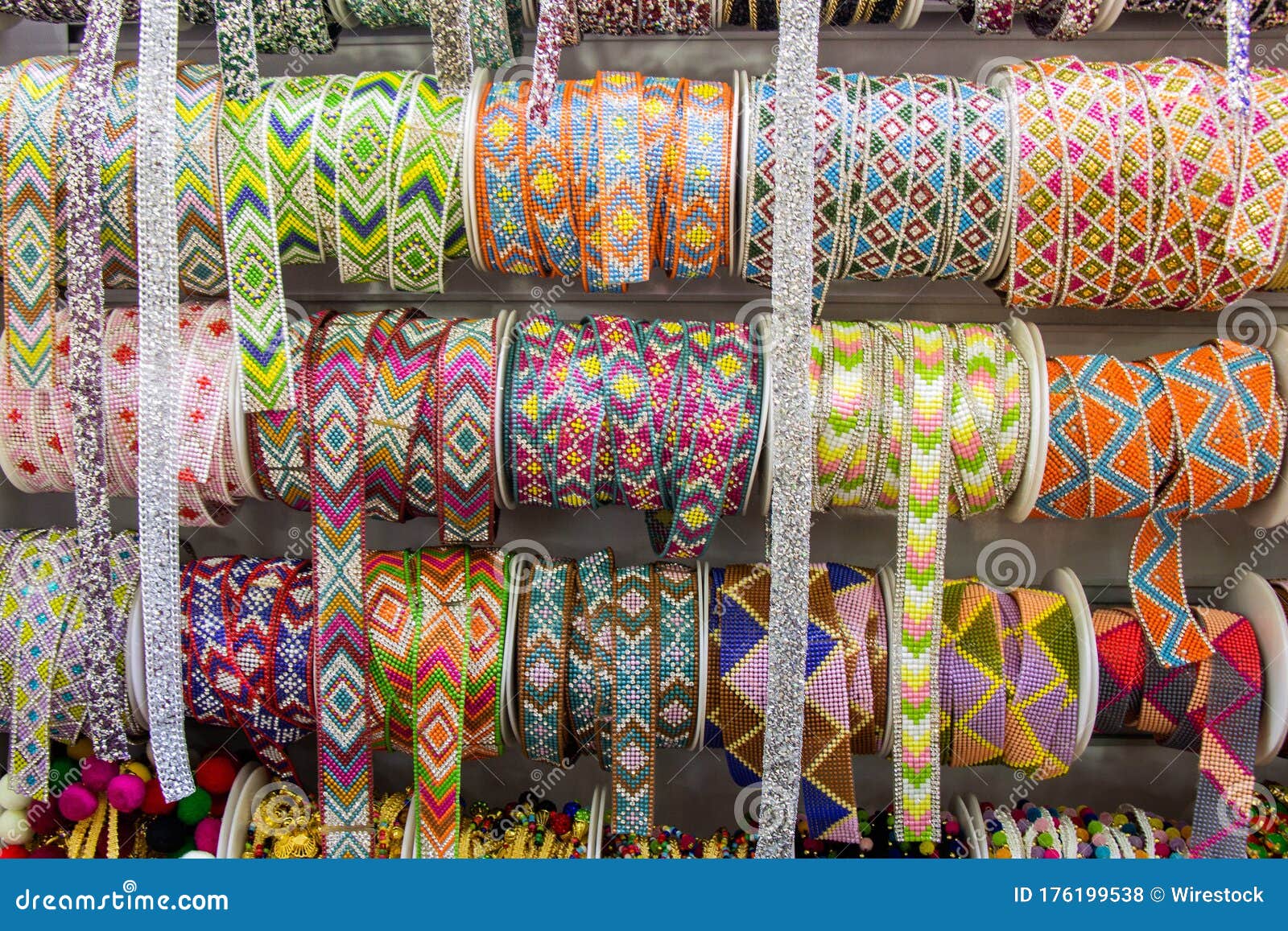 Wide Shot of Different Rolls of Ribbons with Unique Designs and ...