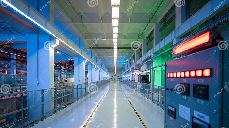 Industrial Interior with Control Panel Long Corridor Blue and Green ...