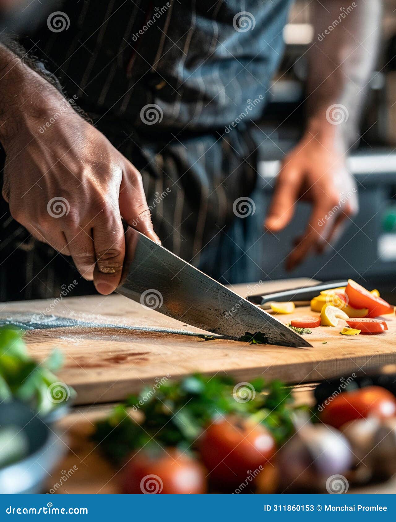 Wide Shot of Kitchen, Chef Using a Professional Blade, Emphasizing ...