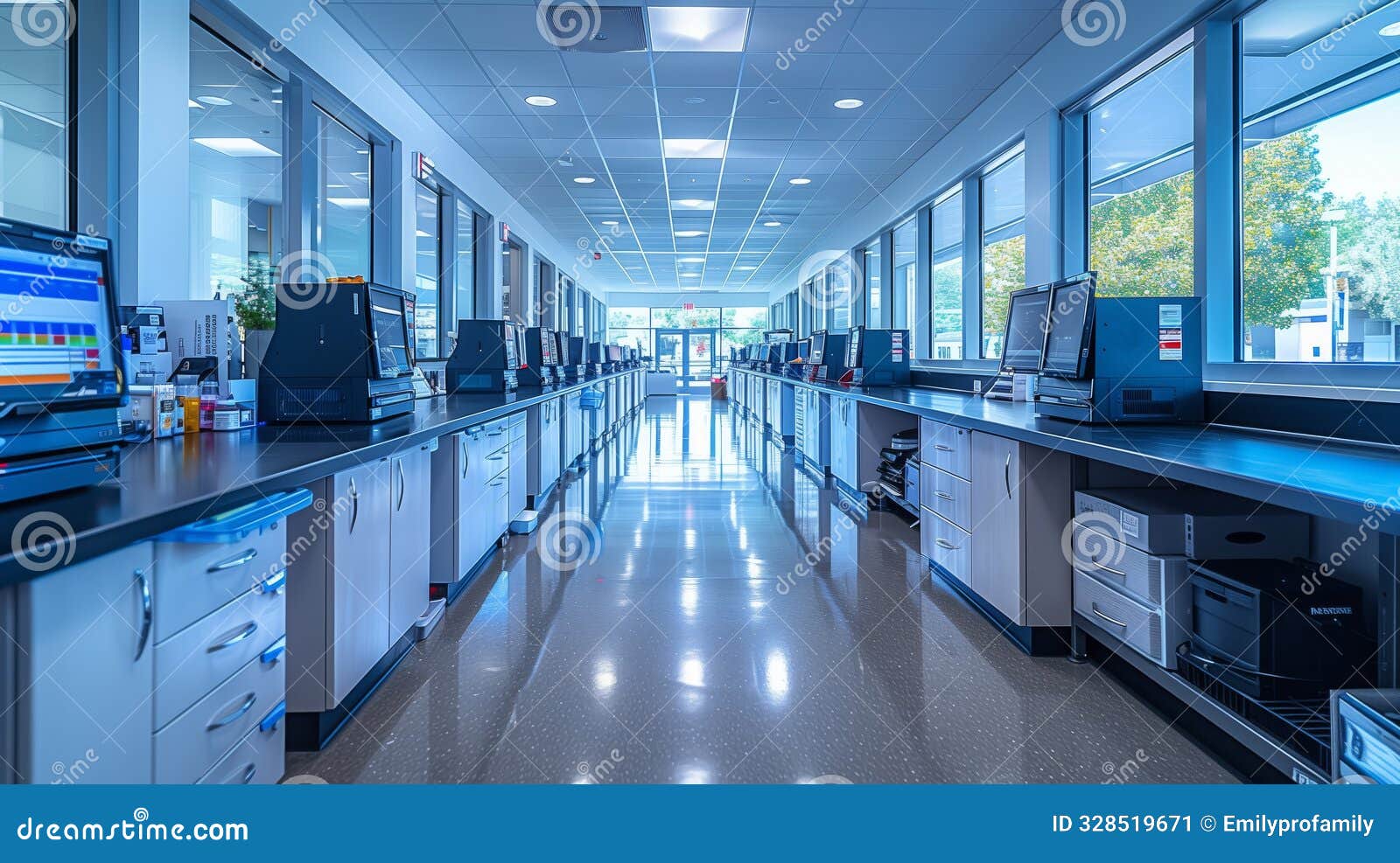 Wide Shot of a Modern Laboratory Corridor with Windows and Equipment ...