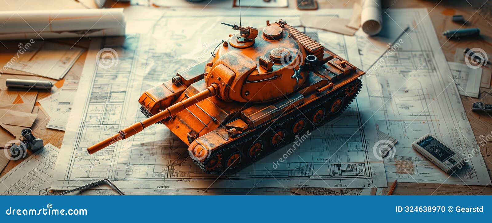 Wide Shot of an Orange Tank Model on Drafts Stock Photo - Image of ...