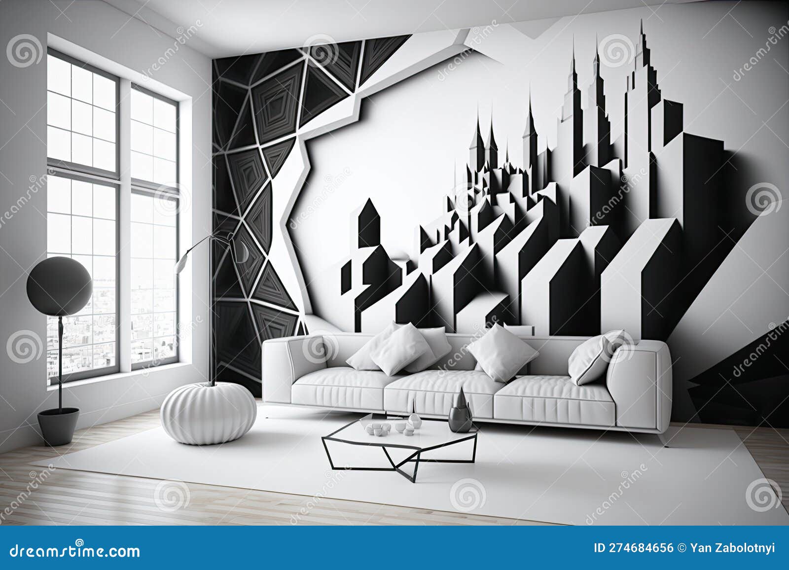 Wide Shot White Room on Wall with City Pattern in Geometry. Generative ...