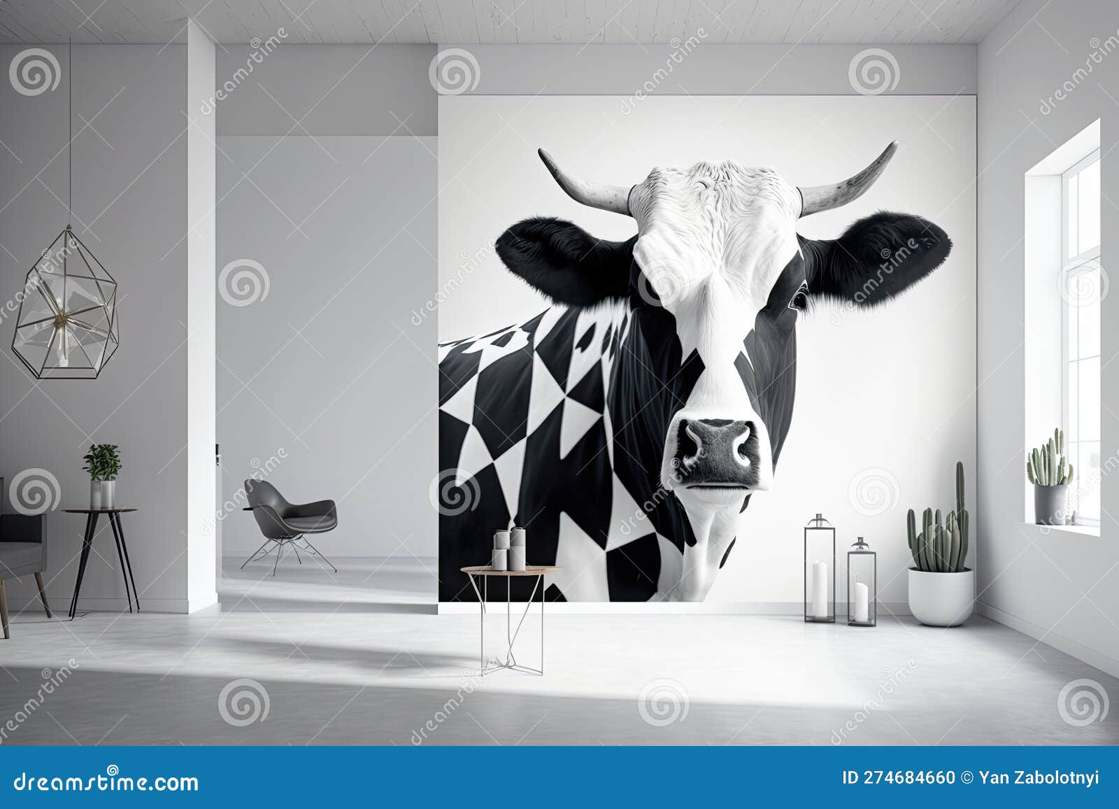 Wide Shot White Room on Wall with Cow Pattern in Geometry. Generative ...
