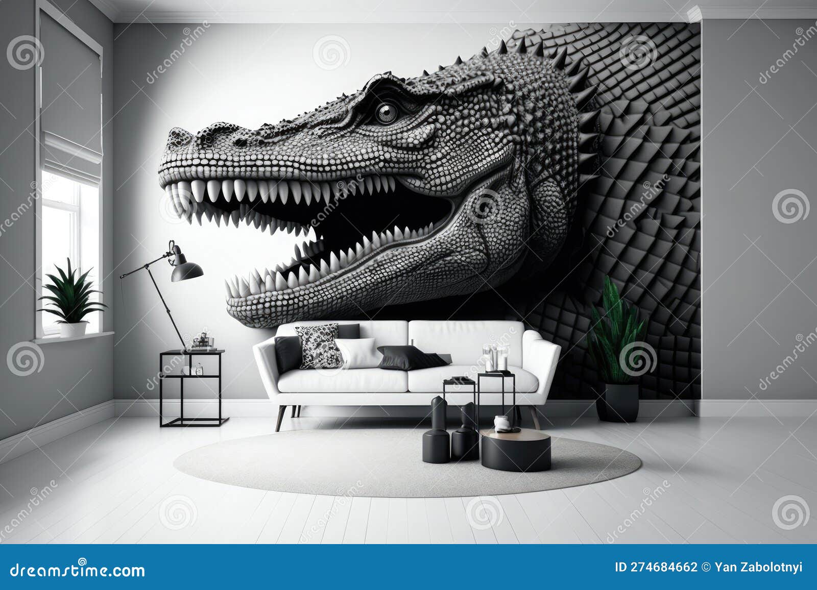 Wide Shot White Room on Wall with Crocodile Pattern in Geometry ...
