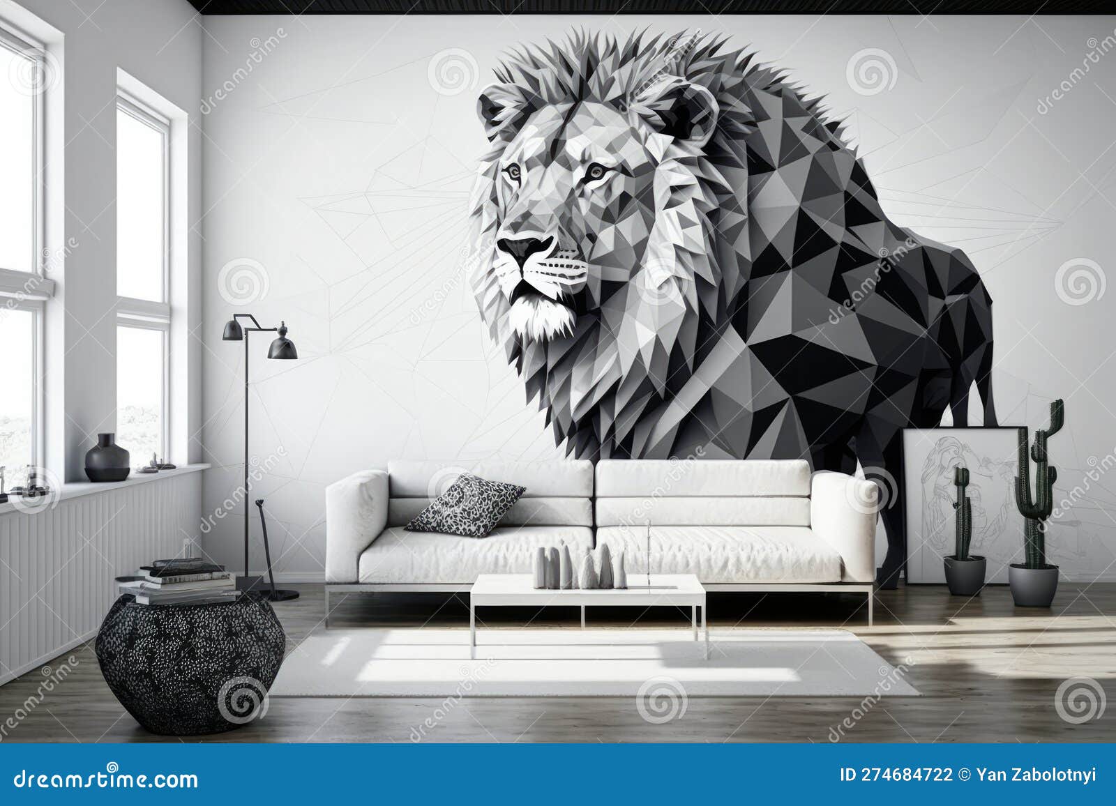 Wide Shot White Room on Wall with Lion Pattern in Geometric Style ...