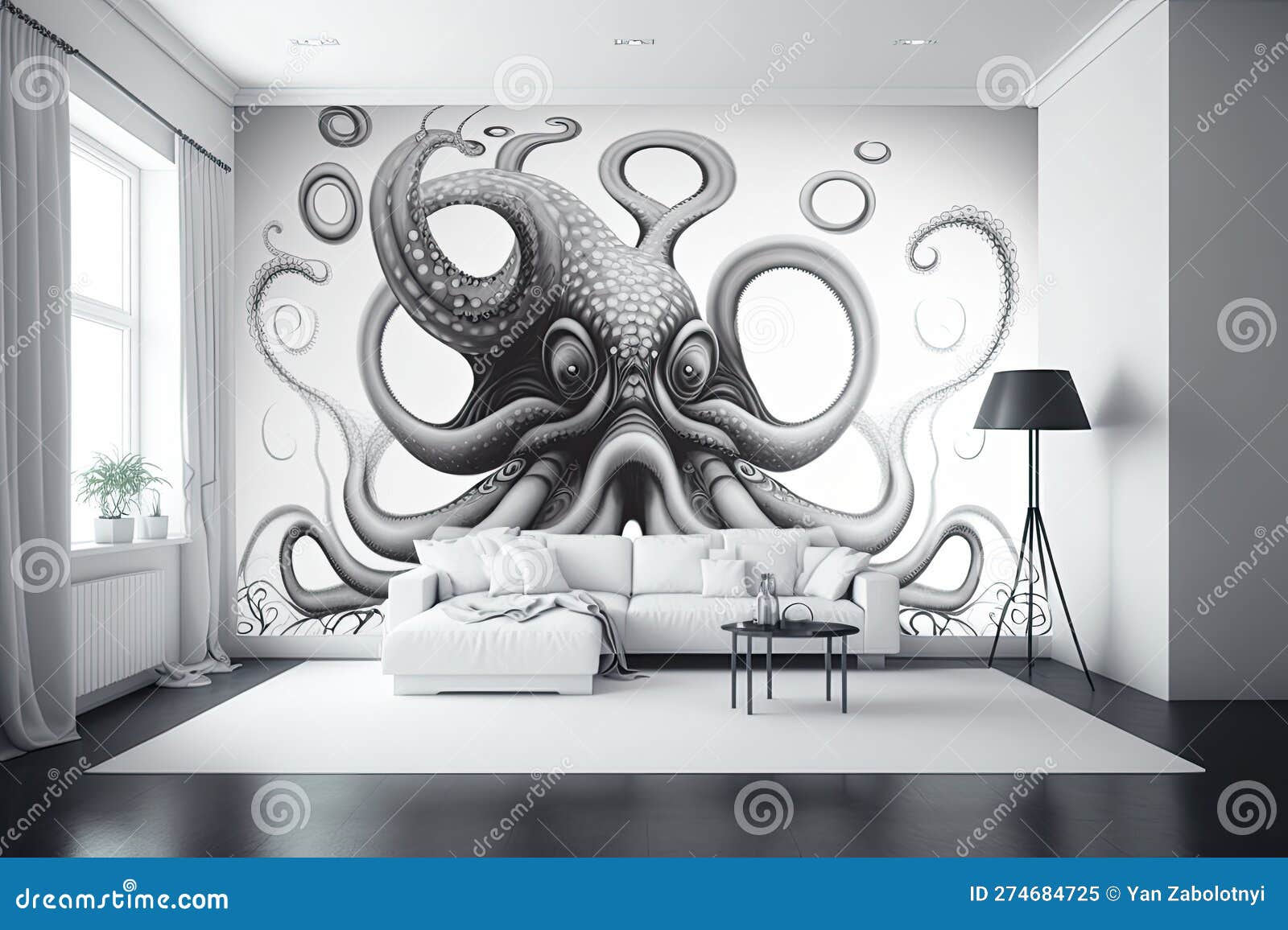 Wide Shot White Room on Wall with Octopus Pattern in Geometric Style ...