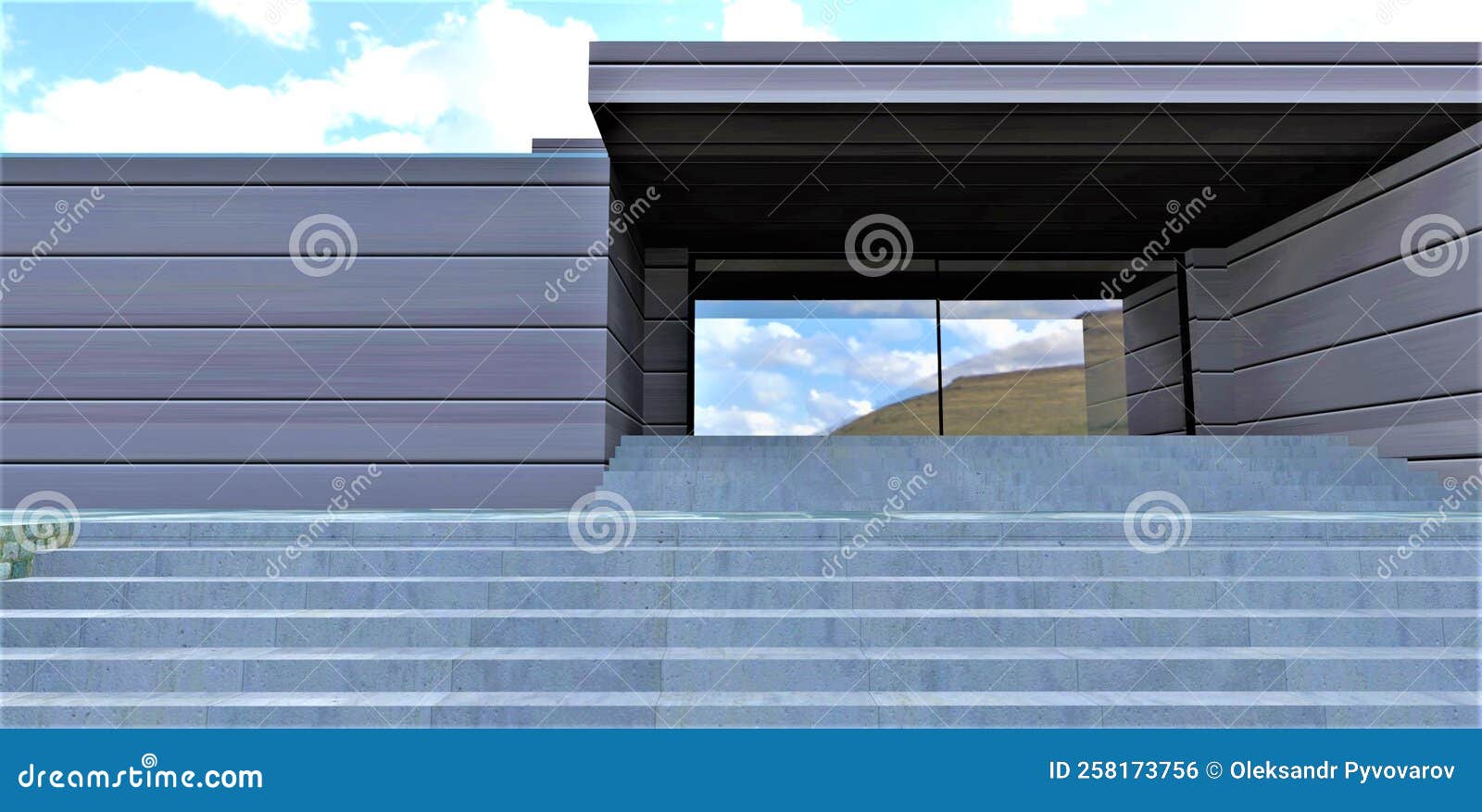 Wide Staircase with Comfortable Concrete Steps. Sliding Automatic Doors ...