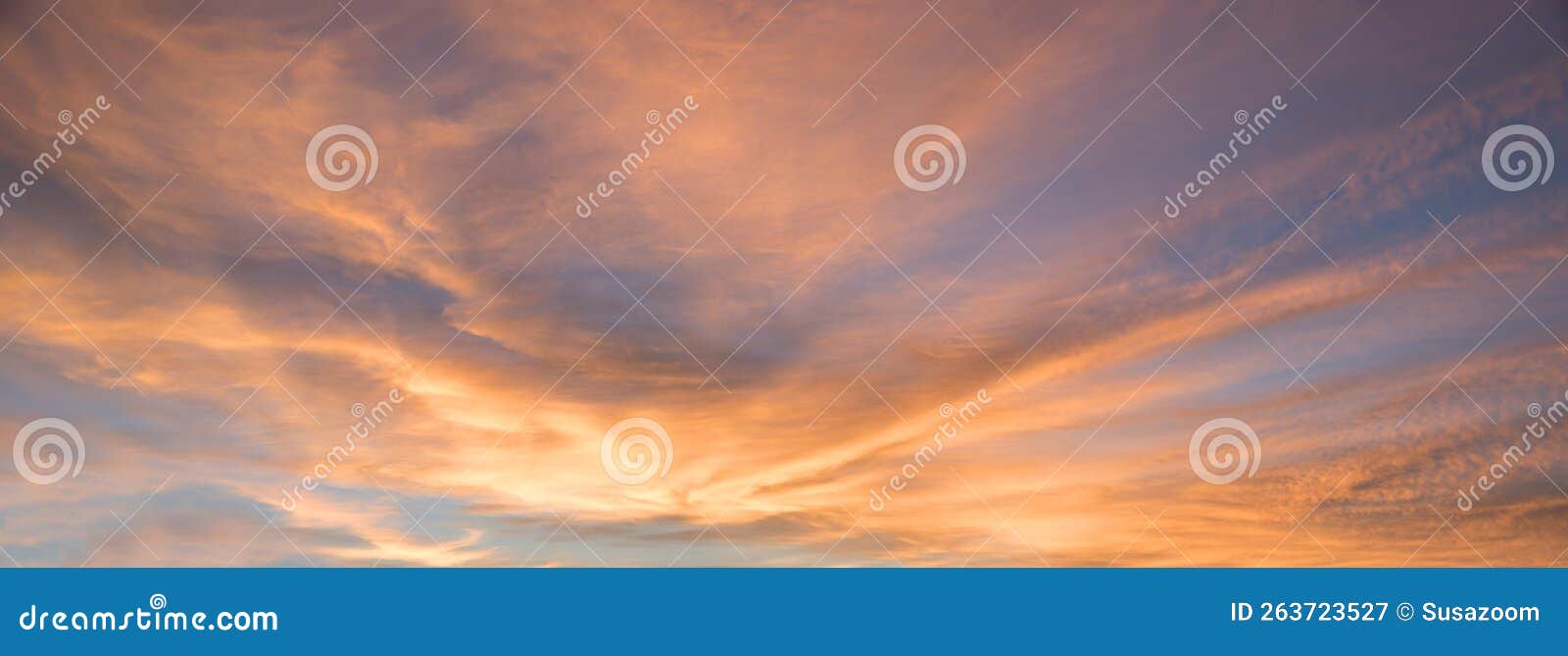 Wide Sunset Sky Orange and Blue with Beautiful Clouds Stock Image ...