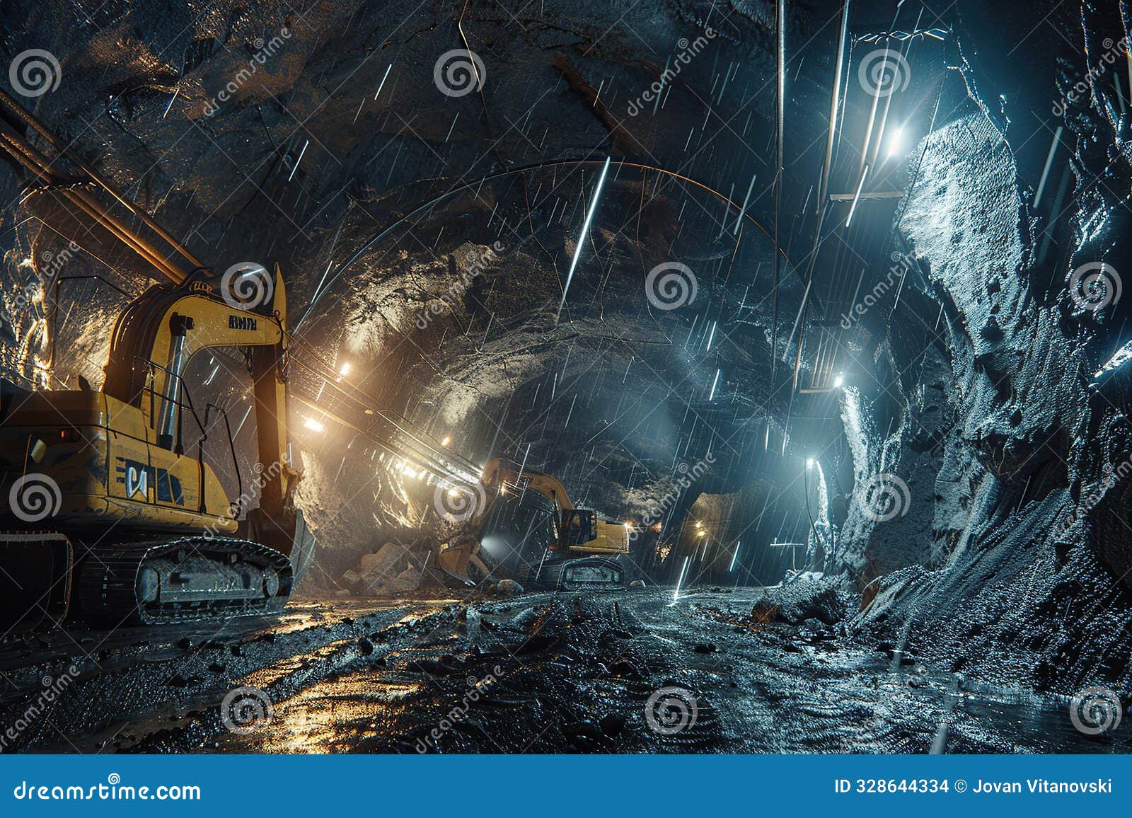 Wide Tunnel Construction Site with Excavators in Action Stock ...