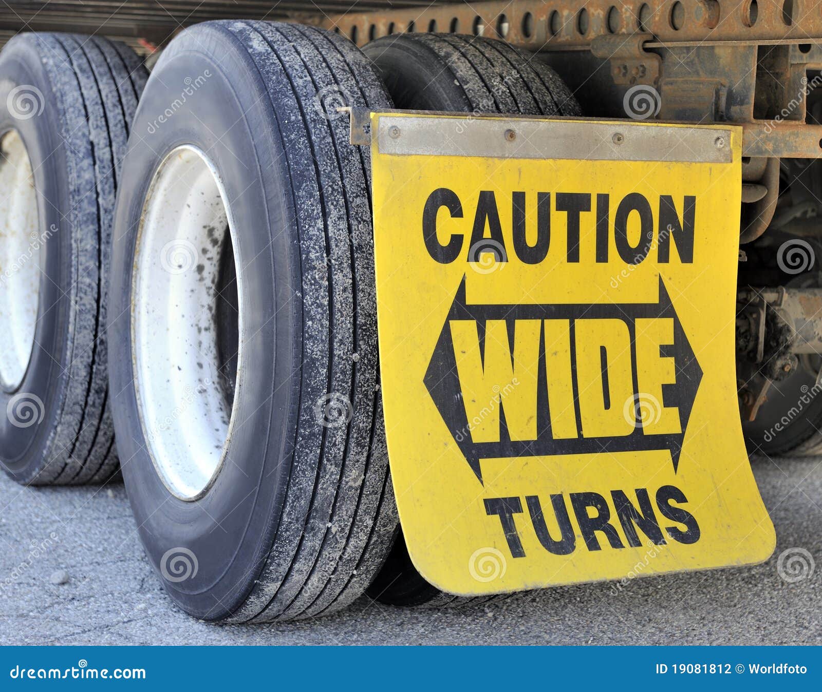 Wide Turns Sign and Tires on Semi-trailer Stock Photo - Image of danger ...