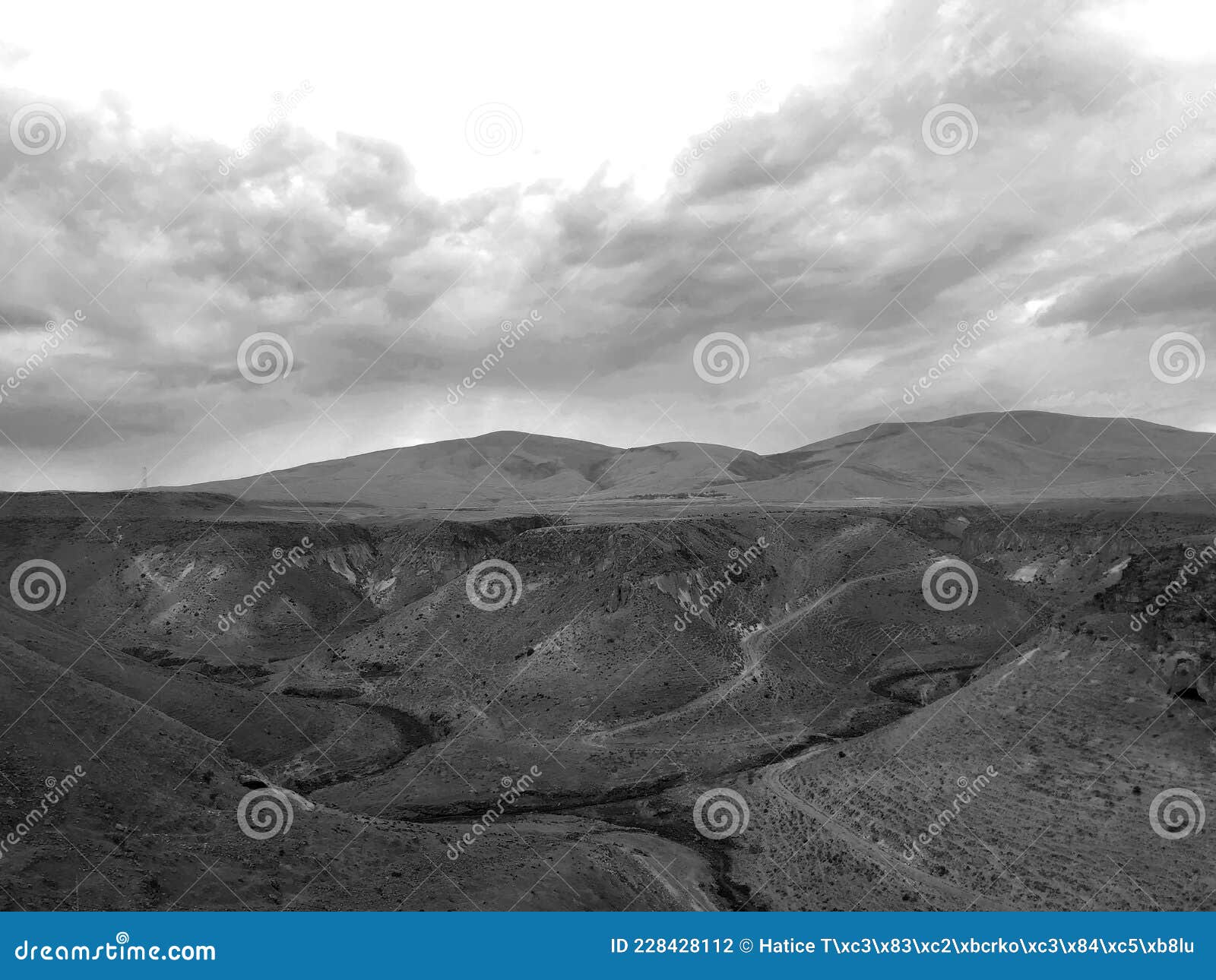 Wide Valleys, Hills and Stream Flowing through the Valley. Cloudy Sky ...