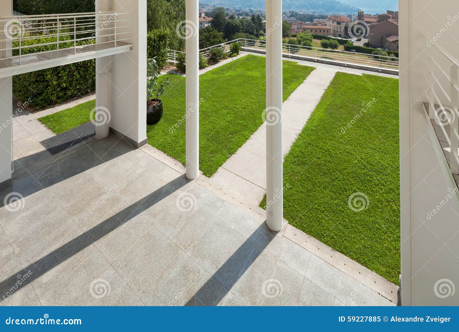 Wide Veranda of a Modern House Stock Image - Image of pillar, white ...