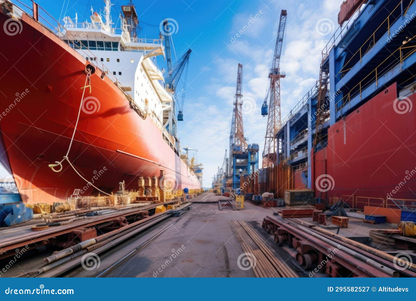 Wide View of Cargo Ship Assembly Line at a Dockyard Stock Illustration ...